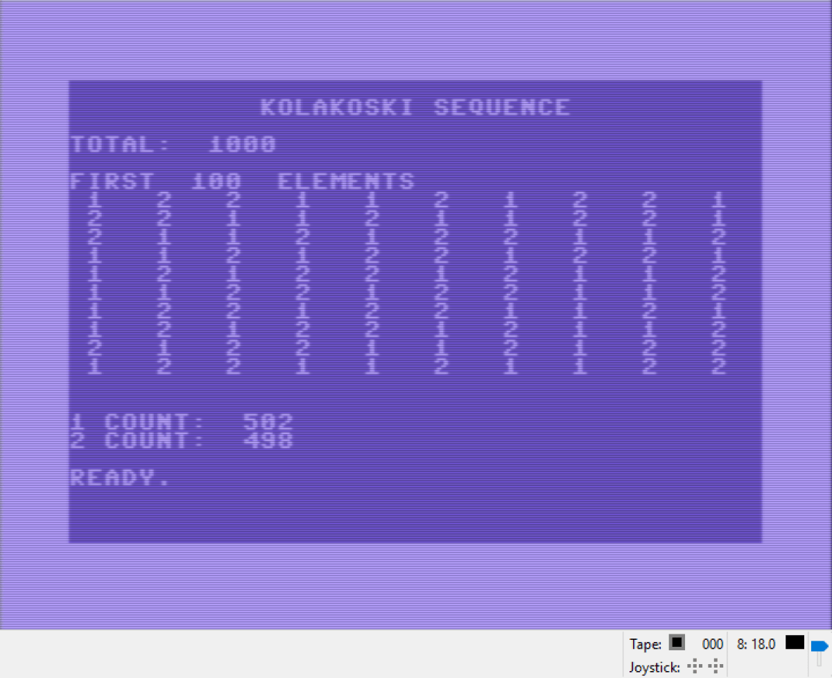 The Commodore 64 and the Kolakoski Sequence – Paul's Notebook